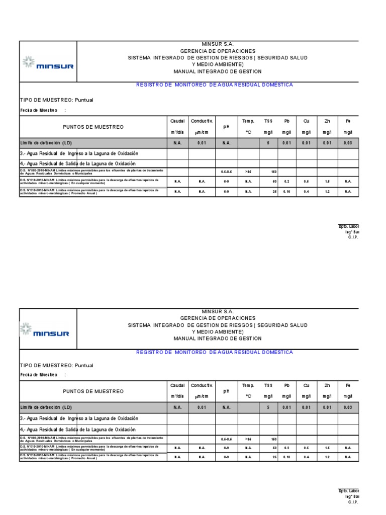 Registro de Monitoreo de Agua Residual Doméstica | PDF | Aguas residuales | Compuestos químicos