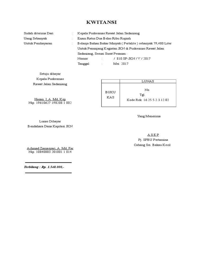 Kwitansi BBM Puskesmas Sadaniang | PDF
