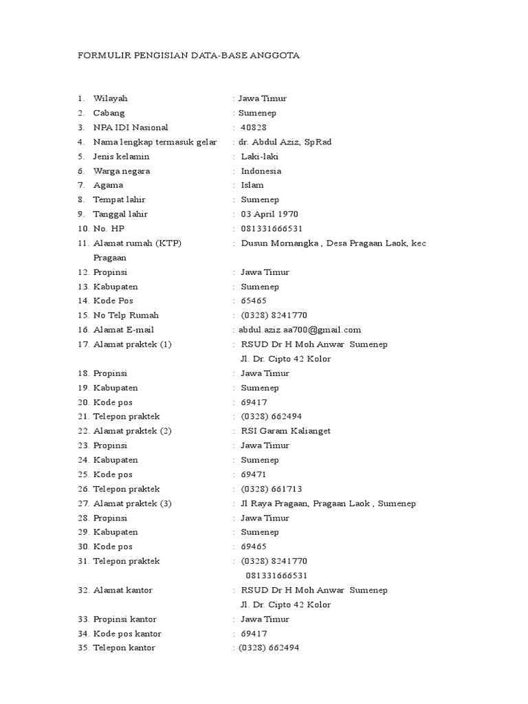 3 Format Formulir Pengisian Data Base Anggota (Diisi) | PDF