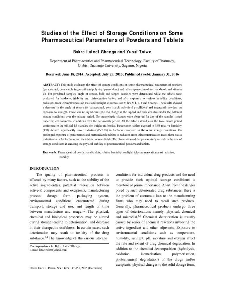 Studies of The Effect of Storage Conditions On Some Pharmaceutical ...