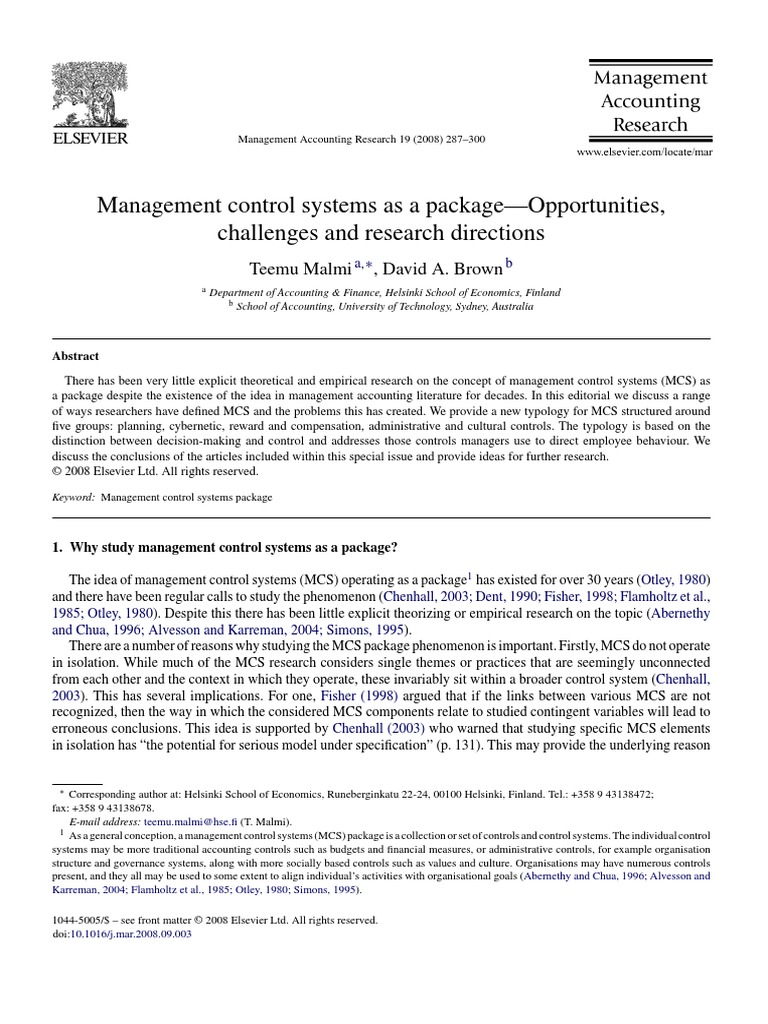 Management Control Systems As A Package PDF | PDF | Goal | Governance