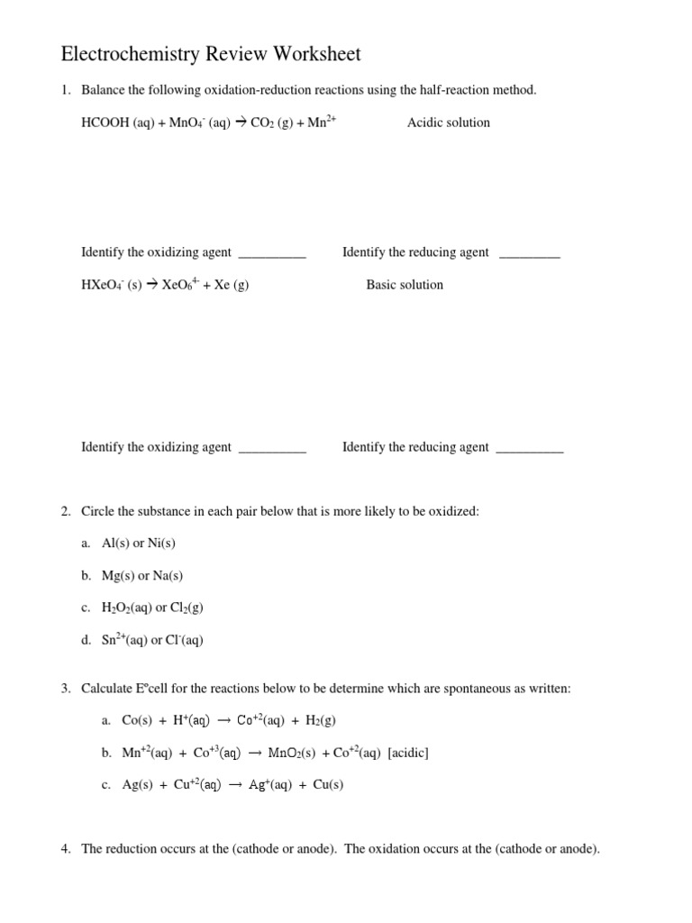 Electrochemistry Review Worksheet | PDF | Redox | Electrochemistry