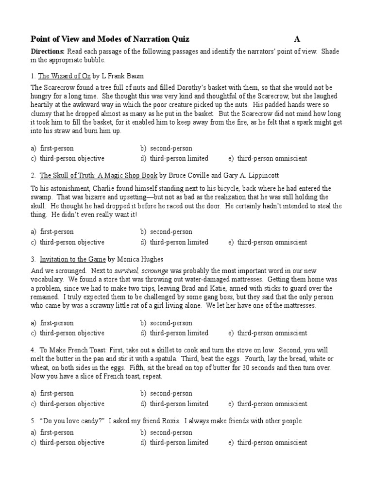 Point of View Quiz 2 | PDF | Narration | Leisure
