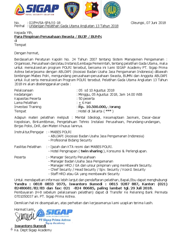 Undangan Pelatihan Gada Utama Angk. 13 (5 - 10 Agt 2018) | PDF