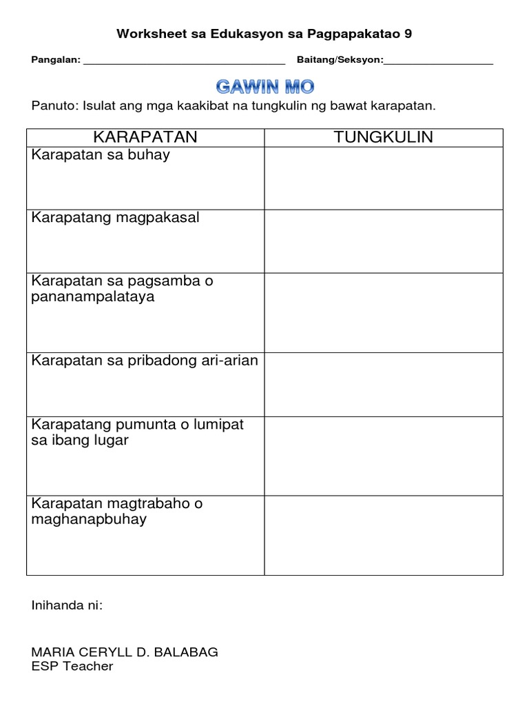 Worksheet Sa Edukasyon Sa Pagpapakatao 9 | PDF