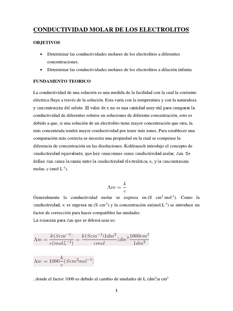 Conductividad Molar de Los Electrolitos | PDF | Concentración | Resistividad Eléctrica y ...