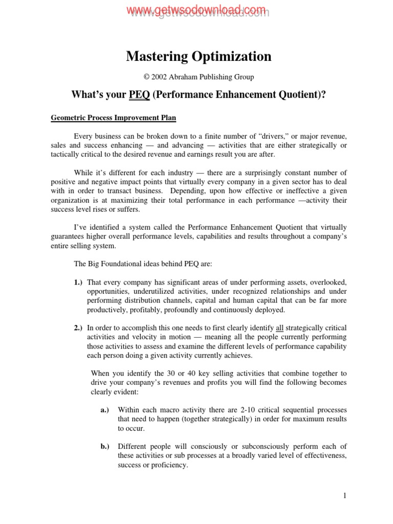 Call 6 - PEQ - Mastering Optimization PDF | PDF | Sales | Economies
