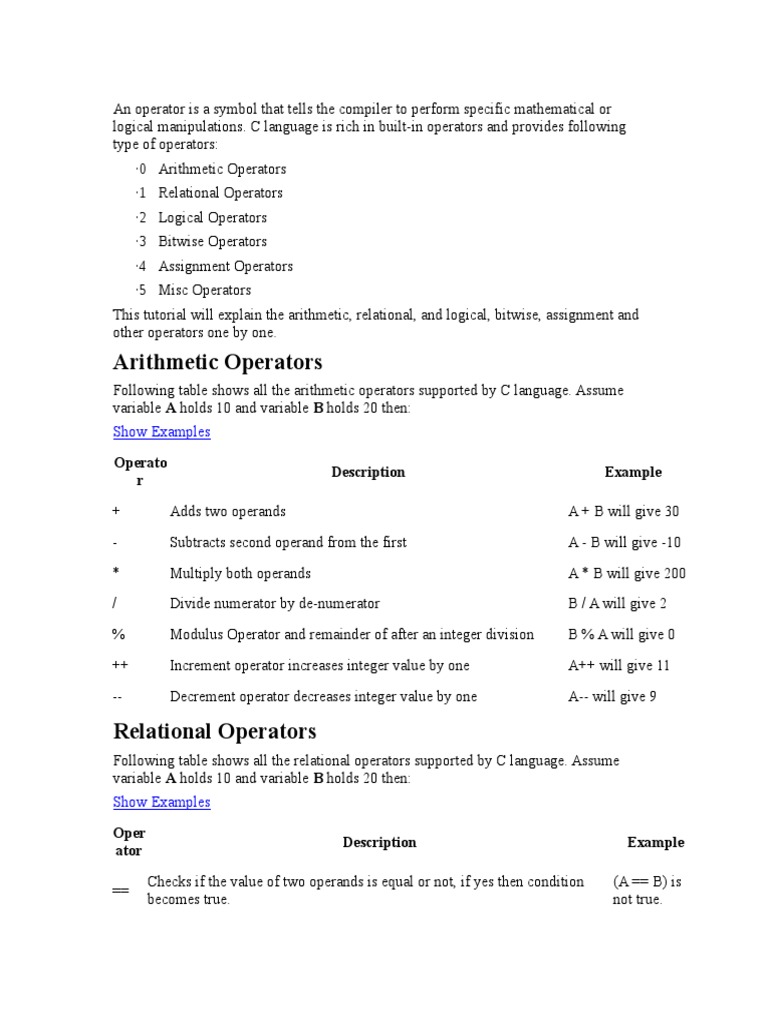 Operators In C Pdf C Programming Language Notation