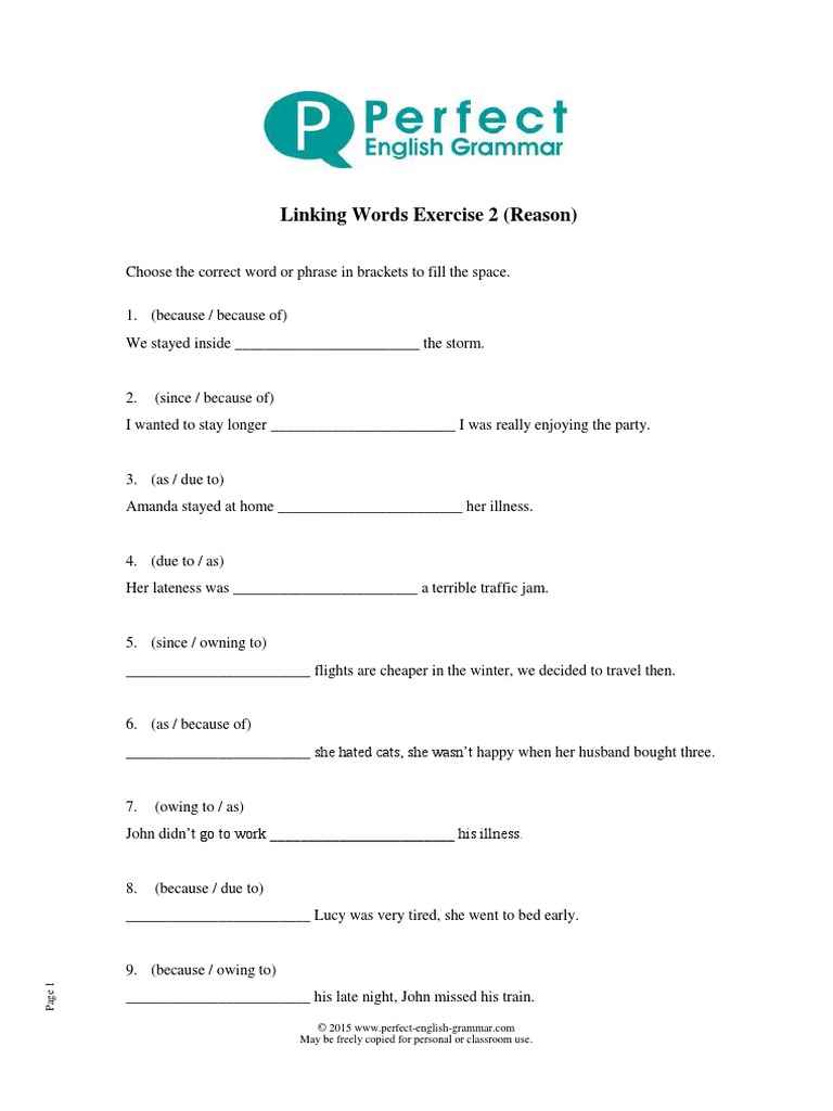Linking Words Exercise 2 Reason PDF | PDF