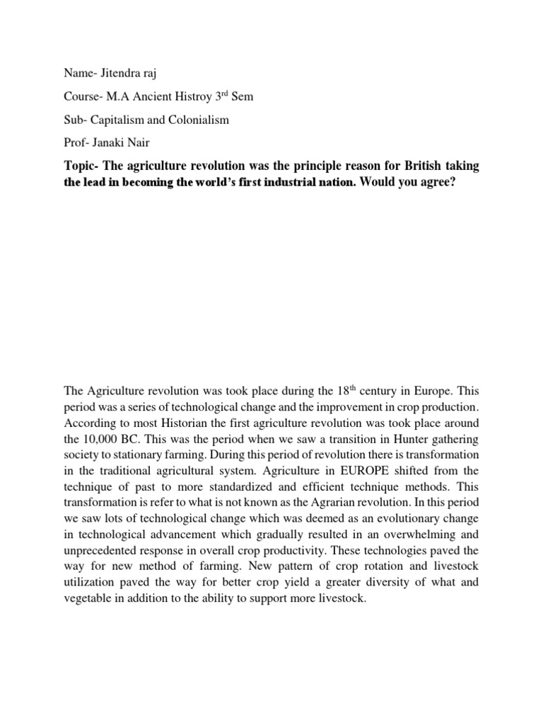 Agricultural Revolution's Role in Industry | PDF | Industrial ...