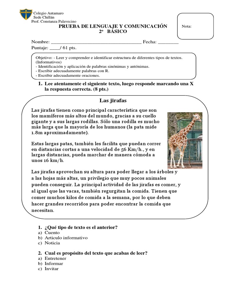 Prueba de Texto Informativo 2º Básico | PDF