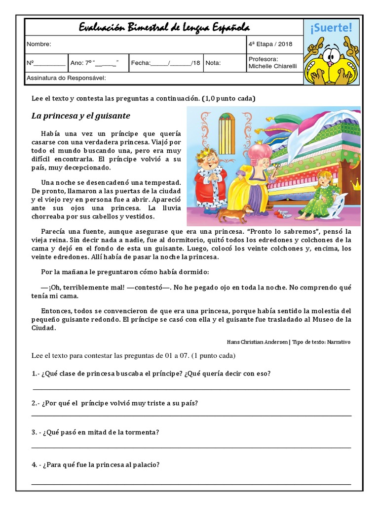 Evaluación de Lectura: La Princesa y el Guisante | PDF | Ocio