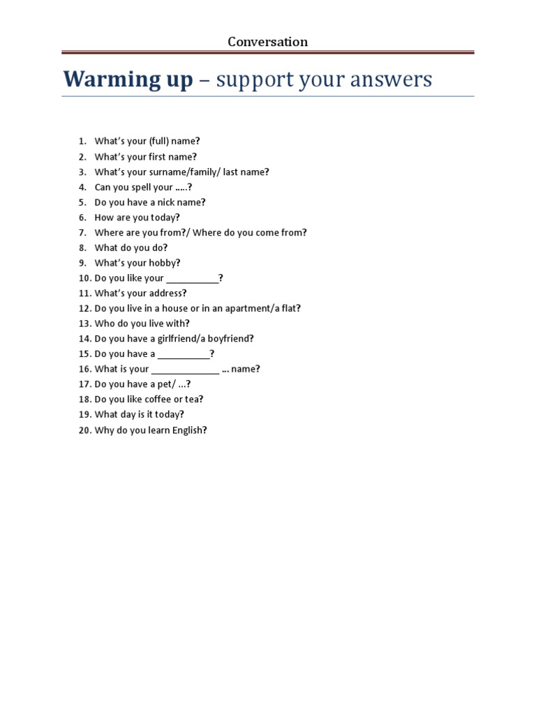 Warm-Up Conversation Questions | PDF | Language Arts & Discipline