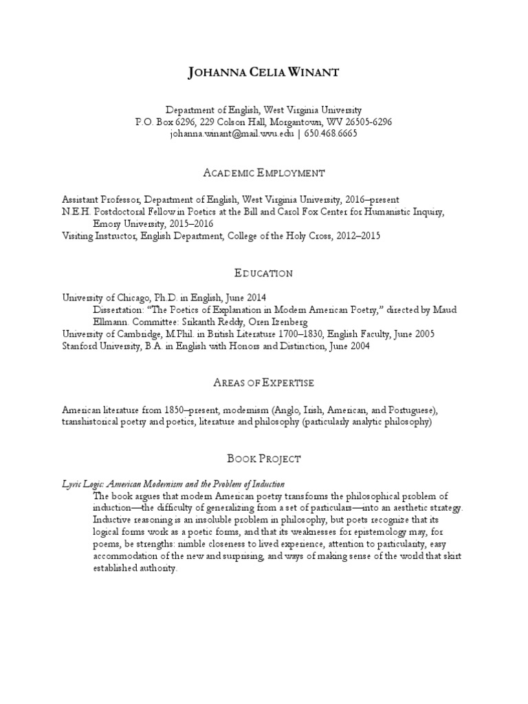 Winant - Summer 2018 CV | PDF | University Of Chicago | Poetry