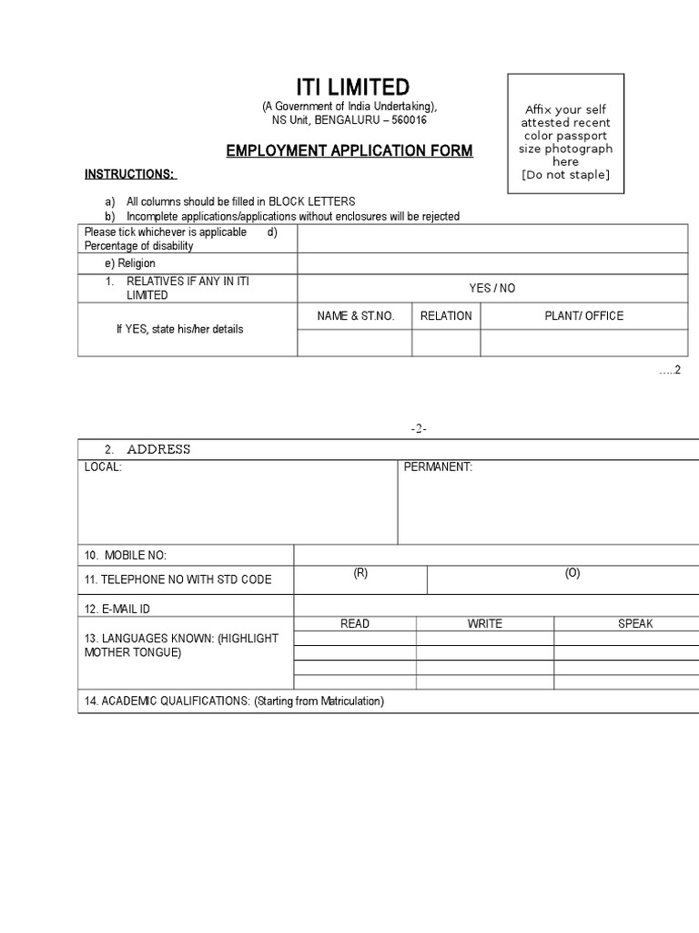 Iti Limited: Employment Application Form | PDF