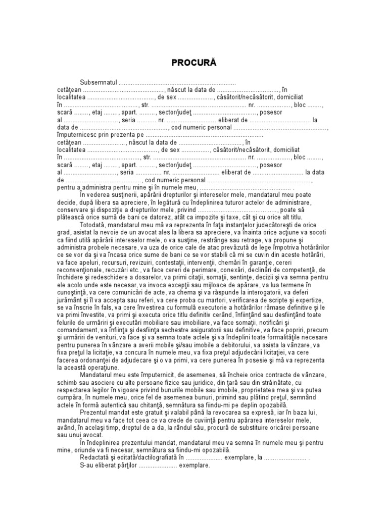 Procura Generala de Administrare Inclusiv Vanzare-Cumparare | PDF