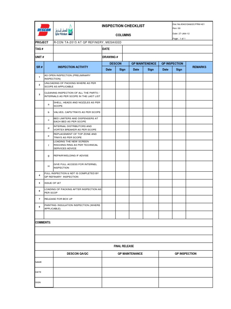 Inspection Checklist: Project R-Con Ta-2015 at QP Refinery, Mesaieed ...