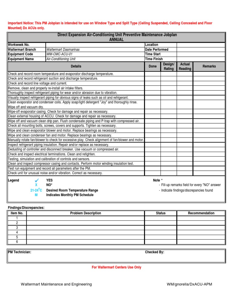 ACU PM Checklist A | PDF | Air Conditioning | Building Engineering