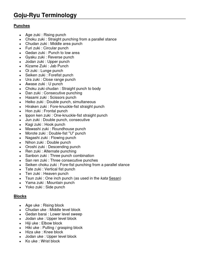 Goju Ryu Terminology | PDF | Karate | Combat Sports