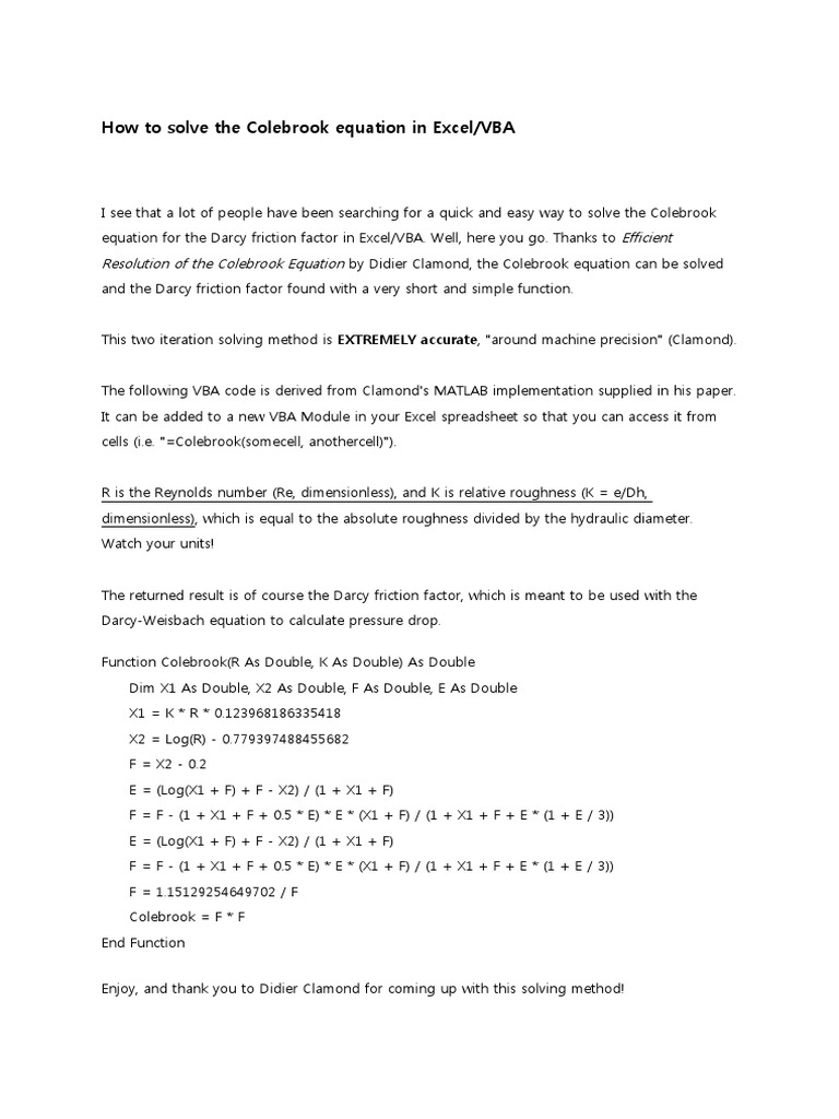 Solve Colebrook Equation in Excel VBA | PDF | Teaching Methods & Materials