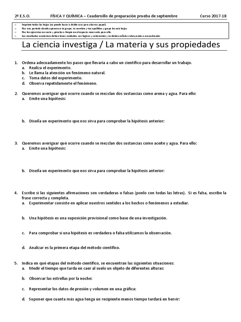Cuadernillo Septiembre FÍSICA Y QUÍMICA 2º ESO 2017-18 | PDF | Átomos ...
