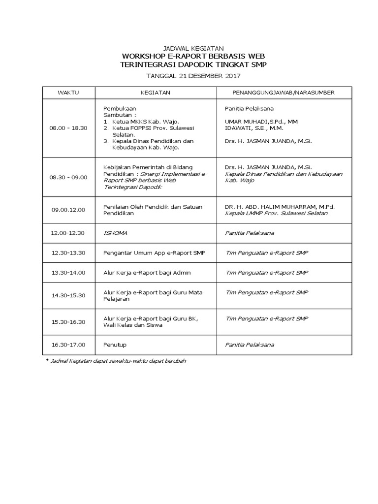 Jadwal Kegiatan Workshop Eraport 2017 | PDF | Karier & Perkembangan ...