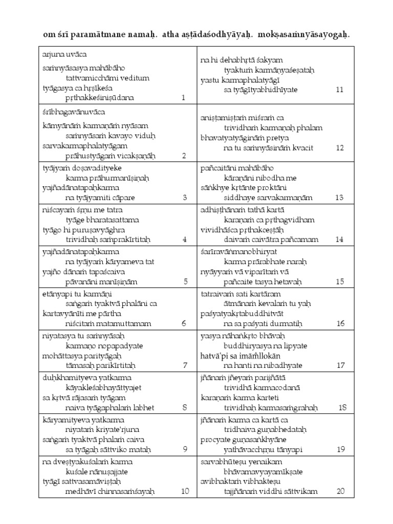 Om Śrī Paramātmane Nama . Atha A Ādaśodhyāya . Mok Asa Nyāsayoga | PDF