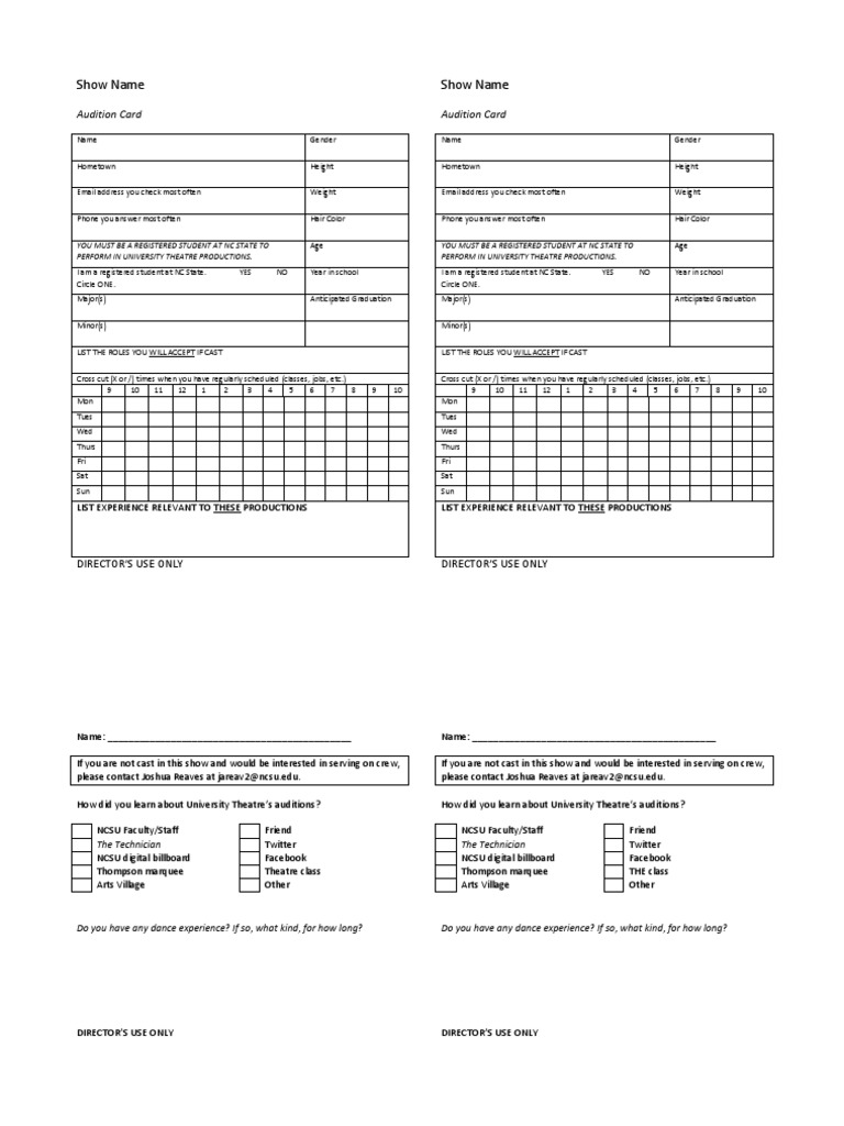 Show Name Show Name: Audition Card Audition Card | PDF | Communication