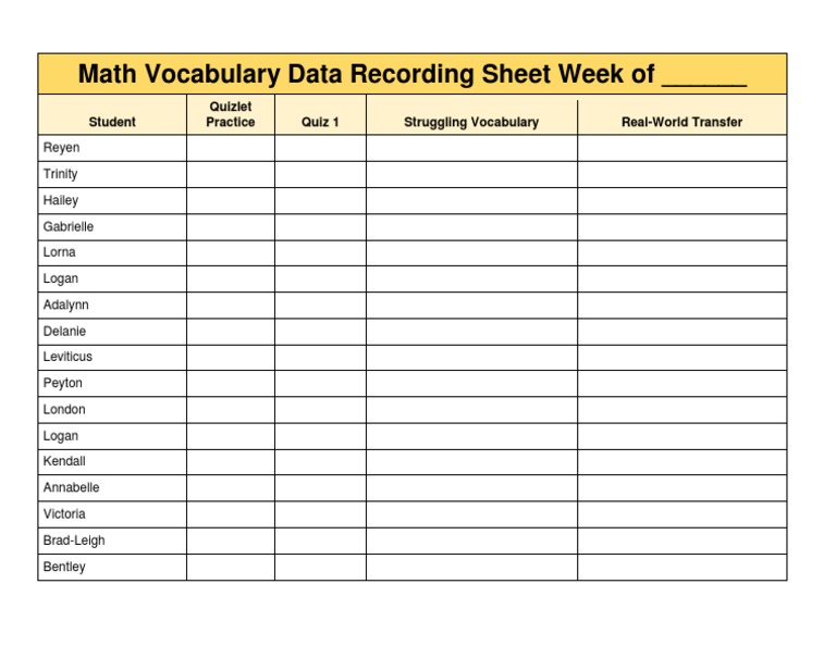 Math Vocabulary Data Recording Sheet Week of | PDF