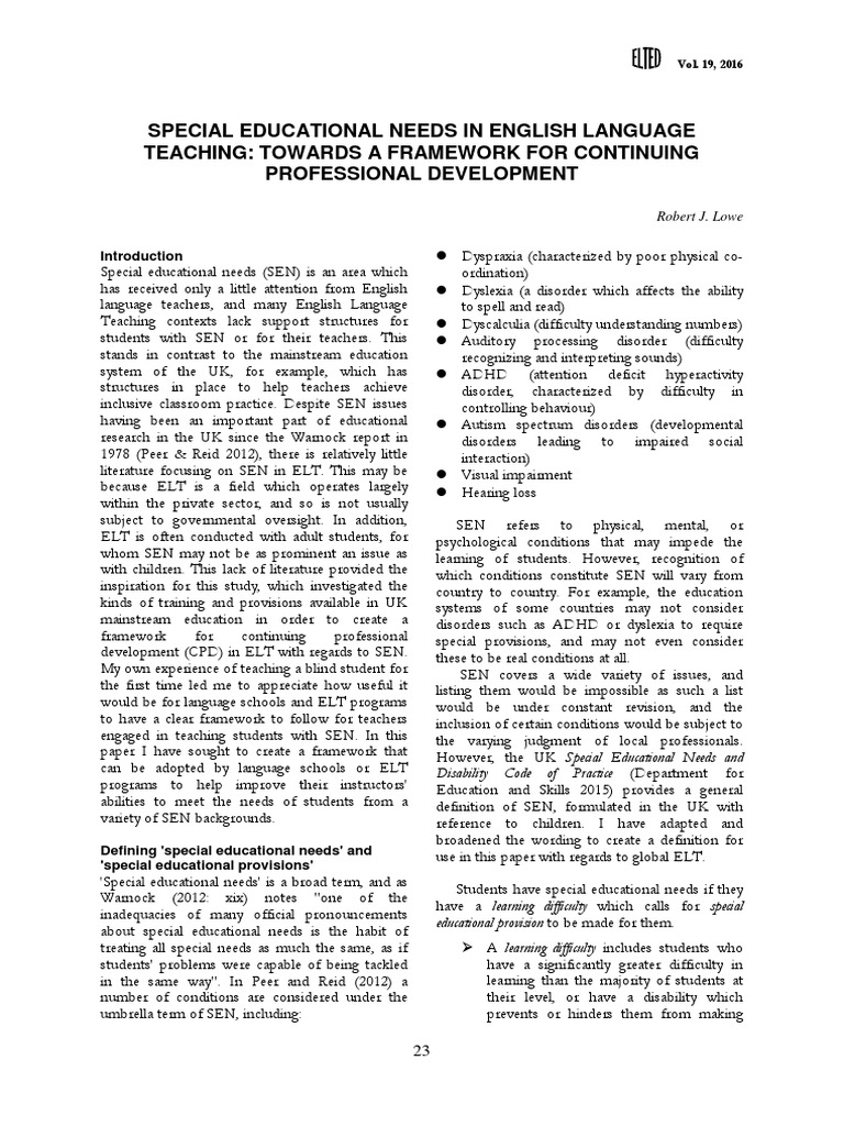 Special Educational Needs in English Language Teaching: Towards A ...