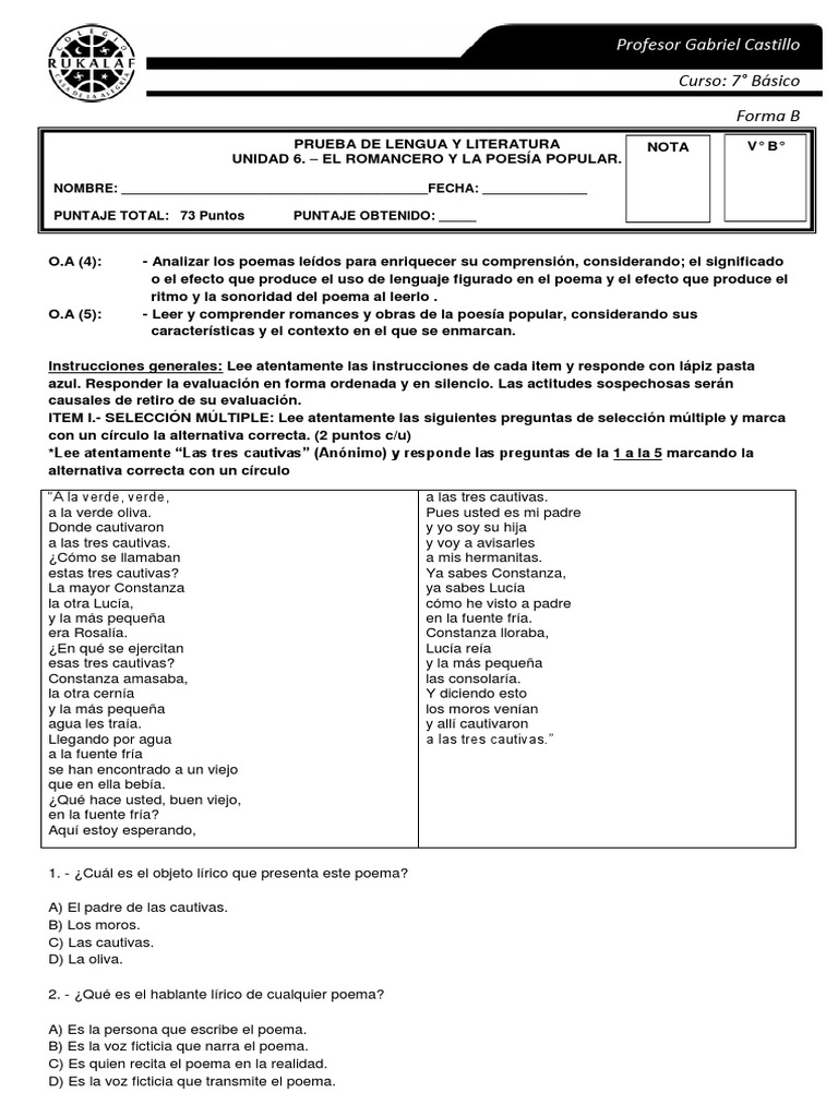 Prueba Poesía Popular 7° Básico | PDF | Rima | Poesía