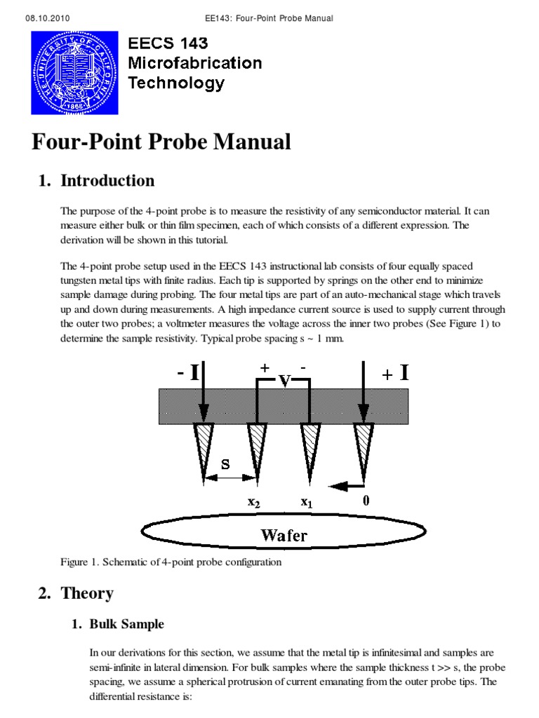 EE143 - Four-Point Probe Manual | PDF | Electrical Resistivity And ...