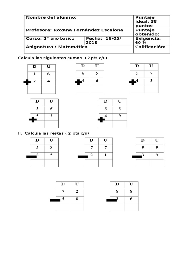 Prueba Suma y Resta Segundo | PDF | Enseñanza de matemática