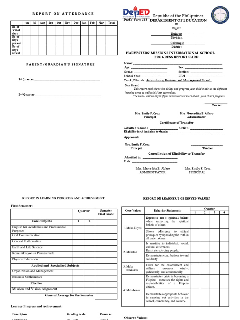 Report Card SH11 ABM | PDF | Learning | Behavior Modification