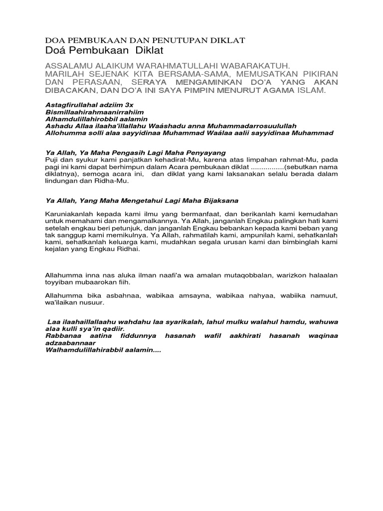 Doa Pembukaan Dan Penutupan Diklat | PDF