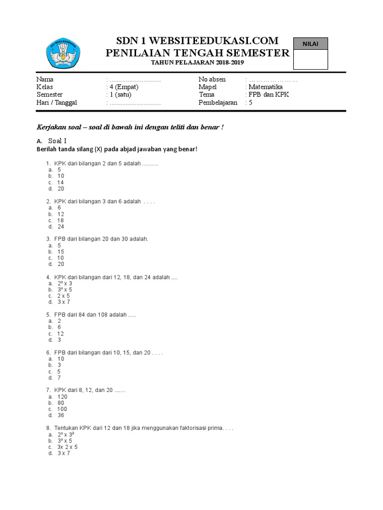 Soal MTK Kelas 4 KPK Dan FPB | PDF