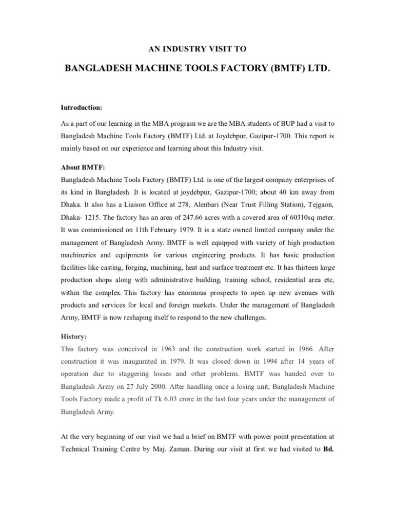 Bangladesh Machine Tools Factory (BMTF) | PDF | Factory | Economic Sectors