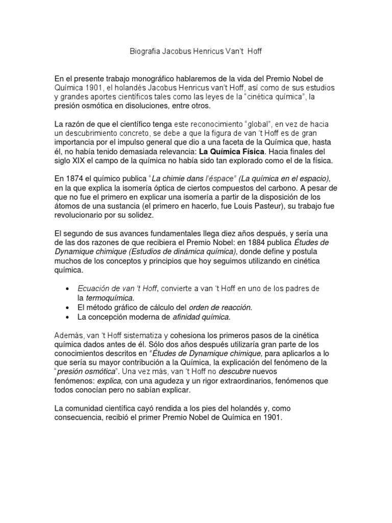 Jacobus Henricus Van't Hoff-Biografia | Descargar gratis PDF | Isómero ...