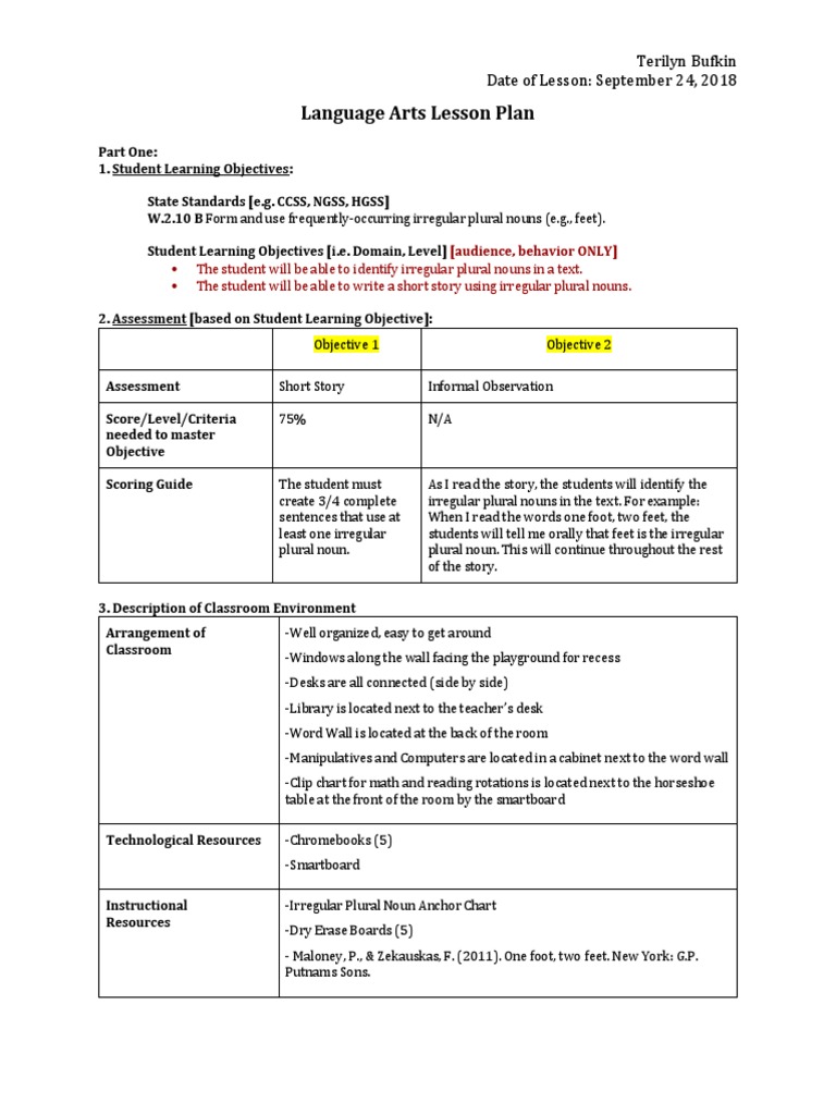Language Arts Lesson Plan Irregular Plural Nouns | PDF | Plural ...