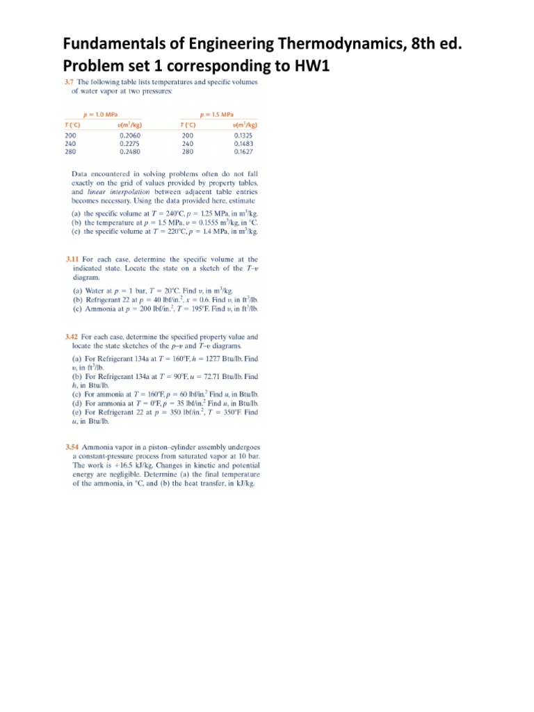 Fundamentals of Engineering Thermodynamics, 8th Ed. Problem Set 1 Corresponding To HW1 | PDF ...