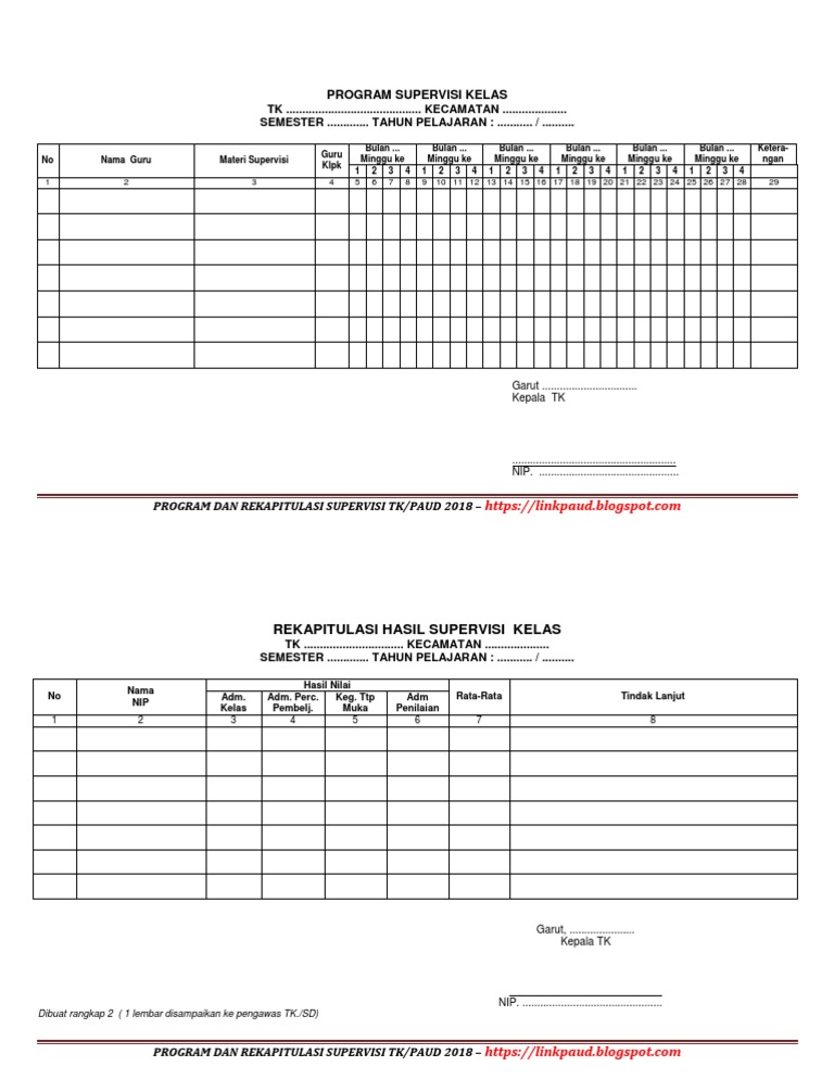 Program Dan Rekapitulasi Supervisi TK Paud 2018 | PDF