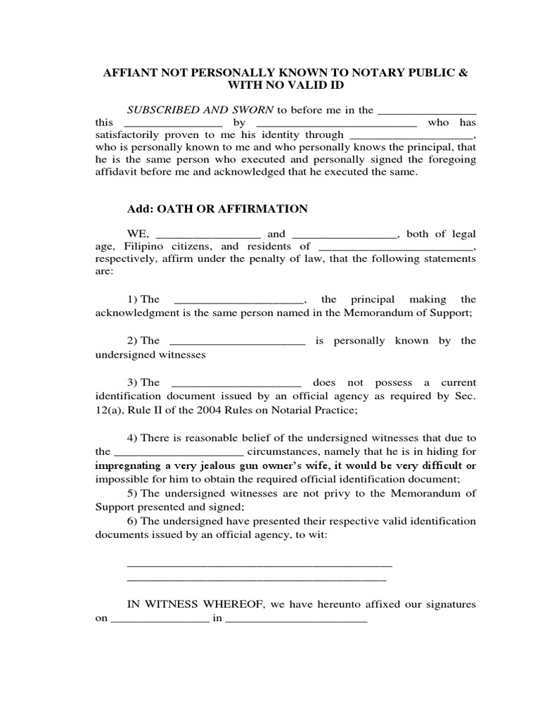 Affiant Not Personally Known To Notary Public | PDF