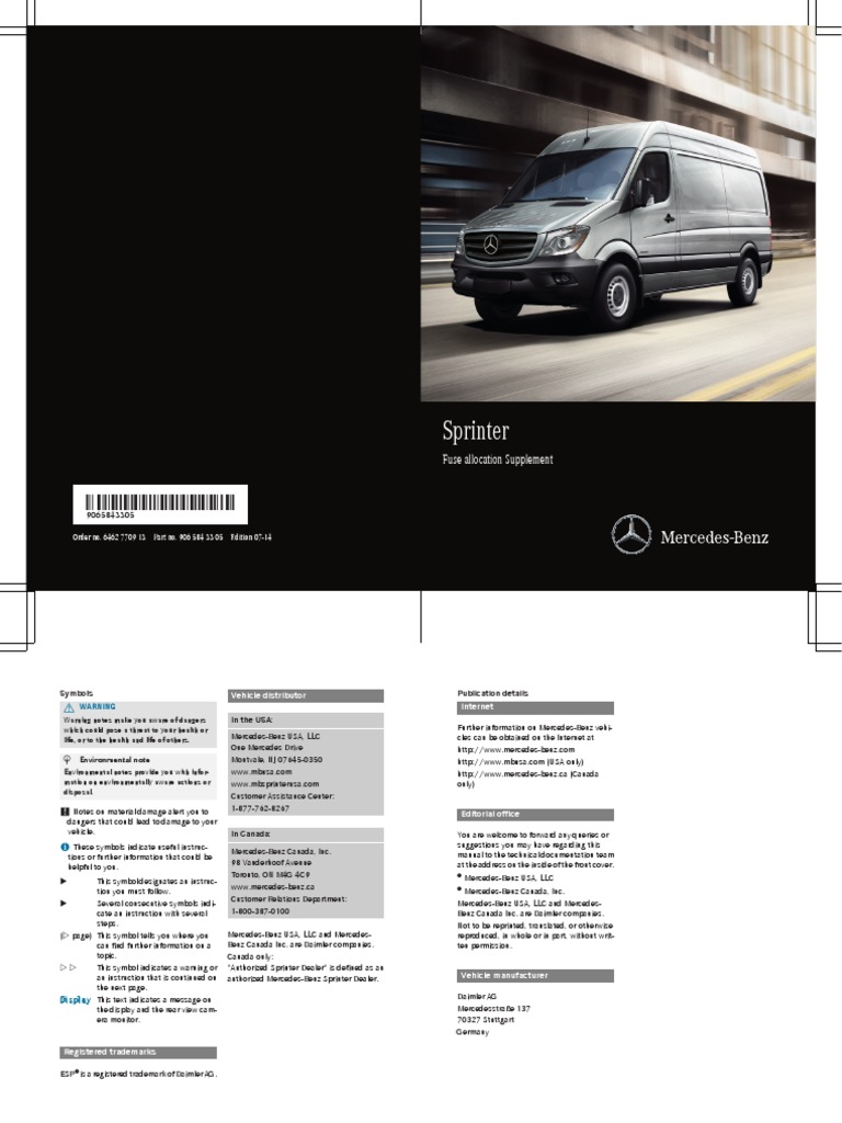 2015 Mercedes Benz Sprinter Fuse Allocation Supplement PDF | PDF ...