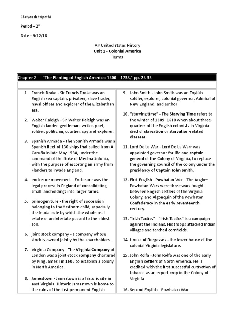 Chapter 2 - "The Planting of English America: 1500-1733," Pp. 25-33 ...
