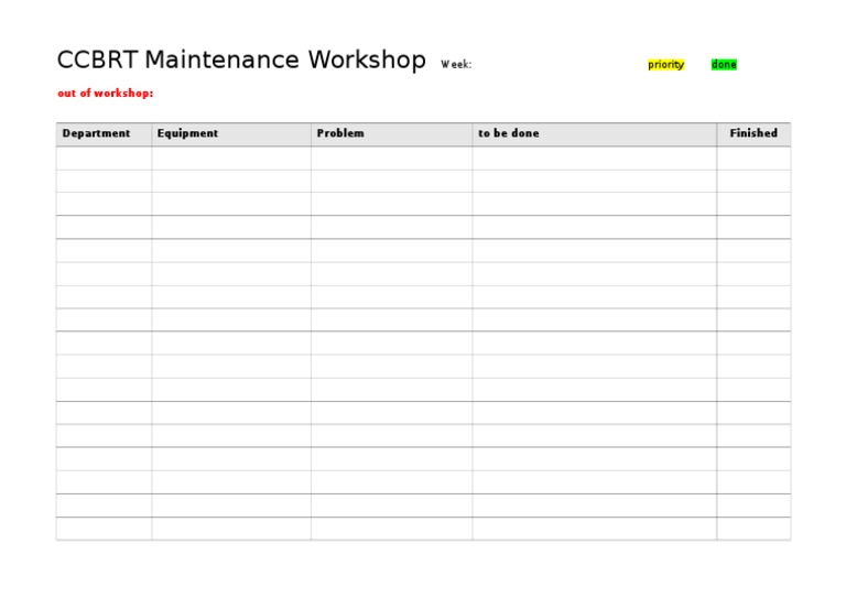 CCBRT Maintenance Workshop Priority List | PDF
