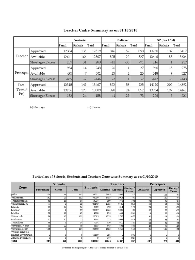 School Teacher Cadre Summary 2010 | PDF
