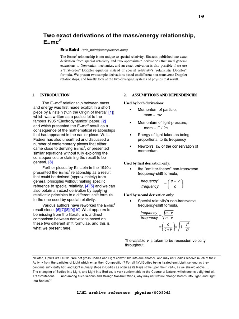 Two Exact Derivations of The Mass/energy Relationship, E MC: Eric Baird ...