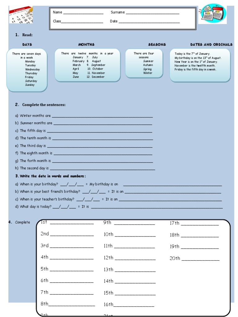 Days Months Seasons and Ordinal Numbers Fun Activities Games - 17786 ...