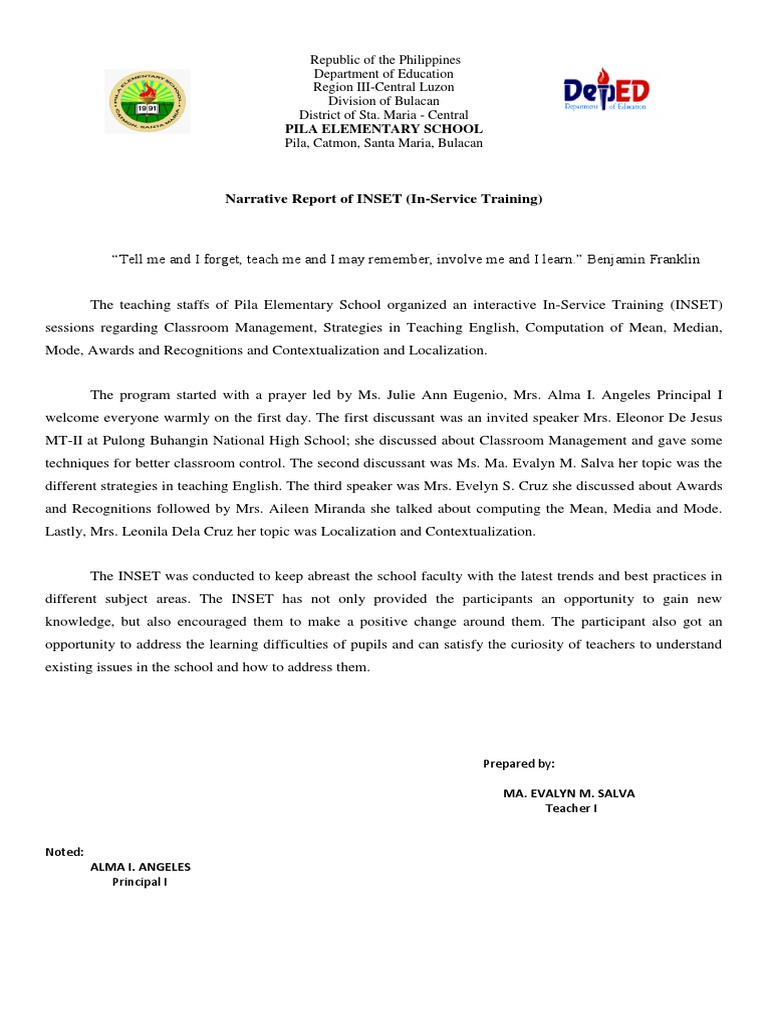 Narrative Report Inset 2018-2019 | PDF | Learning | Education Theory