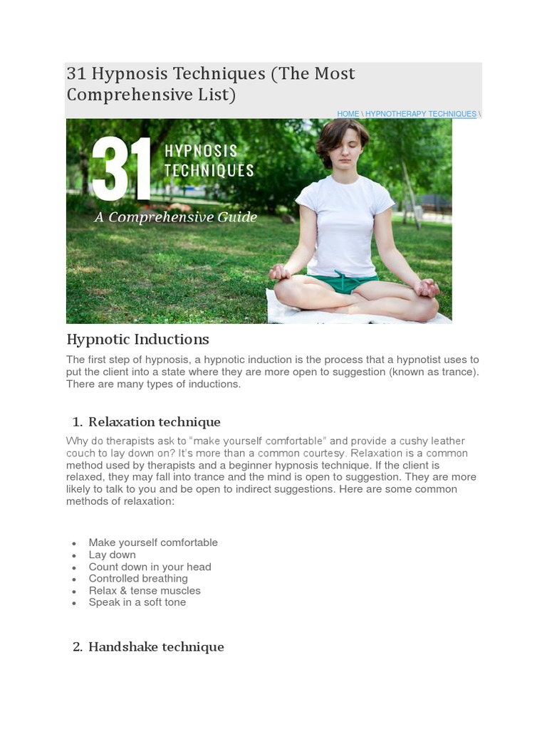 31 Hypnosis Techniques (The Most Comprehensive List) : Hypnotic Inductions | PDF | Hypnosis ...